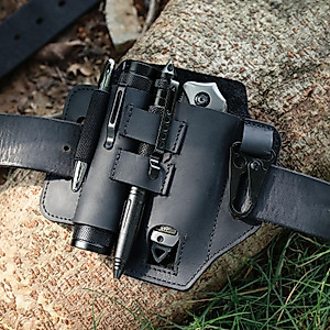 Topstache Multitool Sheath for Belt - EDC Belt Organizer - Leather Multitool Holster with Flashlight Holder, Elastic Band Pen Holder and Keychain Clip - Multitool Holder - Multitool Pouch, Black