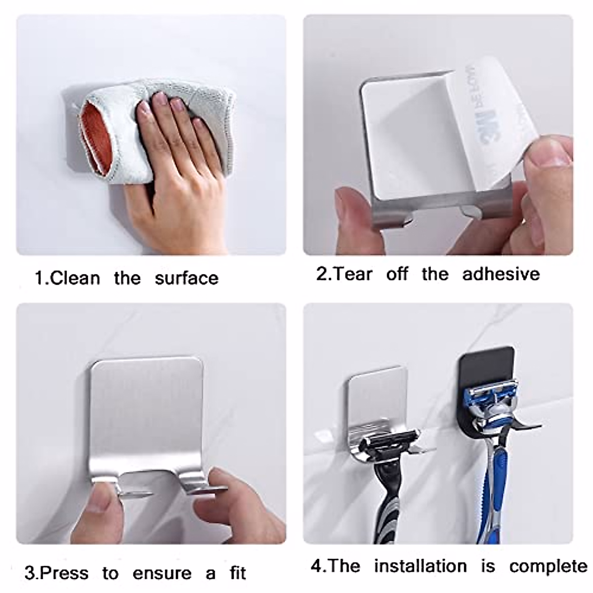 Waterproof Razor Holder for Shower,Adhesive Hooks Heavy Duty Stick on Wall Hooks Towel Hooks Door Hooks Stainless Steel Plug Hooks Adhesive Holders for Hanging Clothes Kitchen Bathroom Hook 2 Pack