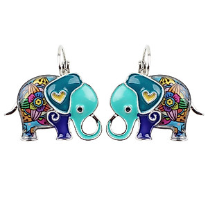 NEWEI Cute Zinc Alloy Enamel Elephant Earrings Leverback Dangle Hoop Jungle Animals Jewelry for Women Gifts Charms (Blue)