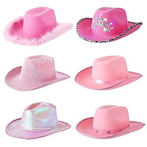 Funnysoft 6 Pcs Pink Cowgirl Party Hat Set Country Western Hat Cowboy Hat with Fluffy Feathers Light up Pink Cowgirl Hat for Men Women Adult Costume Bachelorette Dress up Party Favor