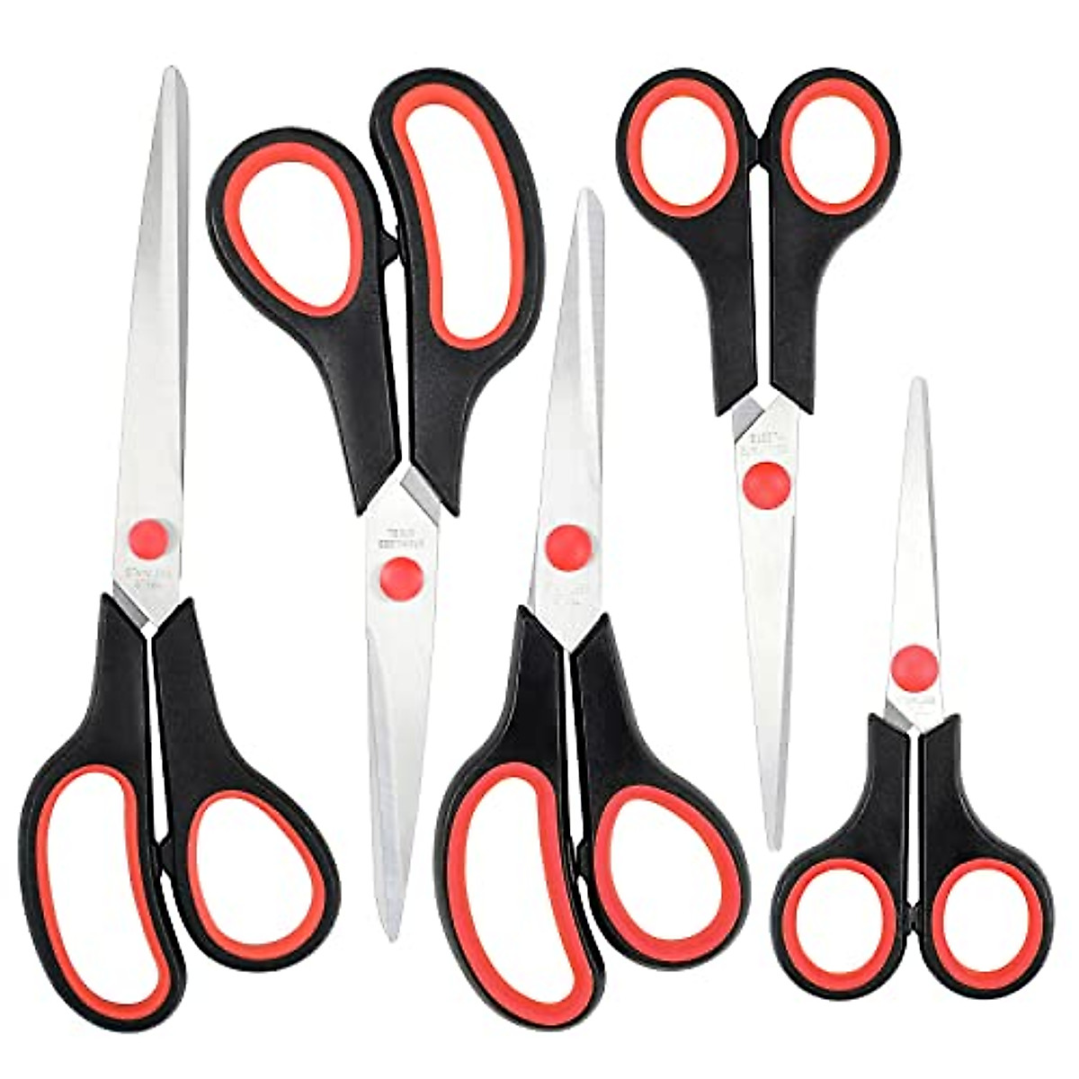 Multipurpose Sharp Scissors Set of 5, Premium Stainless Steel Blades, Comfort Grip Handles, Fabric Craft Scissors for Office School and Home, Right/ Left handed, 5.5/6.8/7.6/8/9.5inch (Black, Red)…
