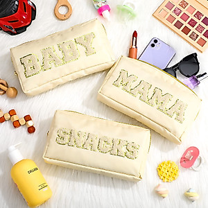 3 Pcs Preppy Pouch Small Nylon Makeup Bag Baby Zipper Travel Toiletry Bag for Women Waterproof Mama Makeup Organizer Bag Snacks Cosmetic Travel Pouch with Chenille Letter Patches for Girls Kid Storage