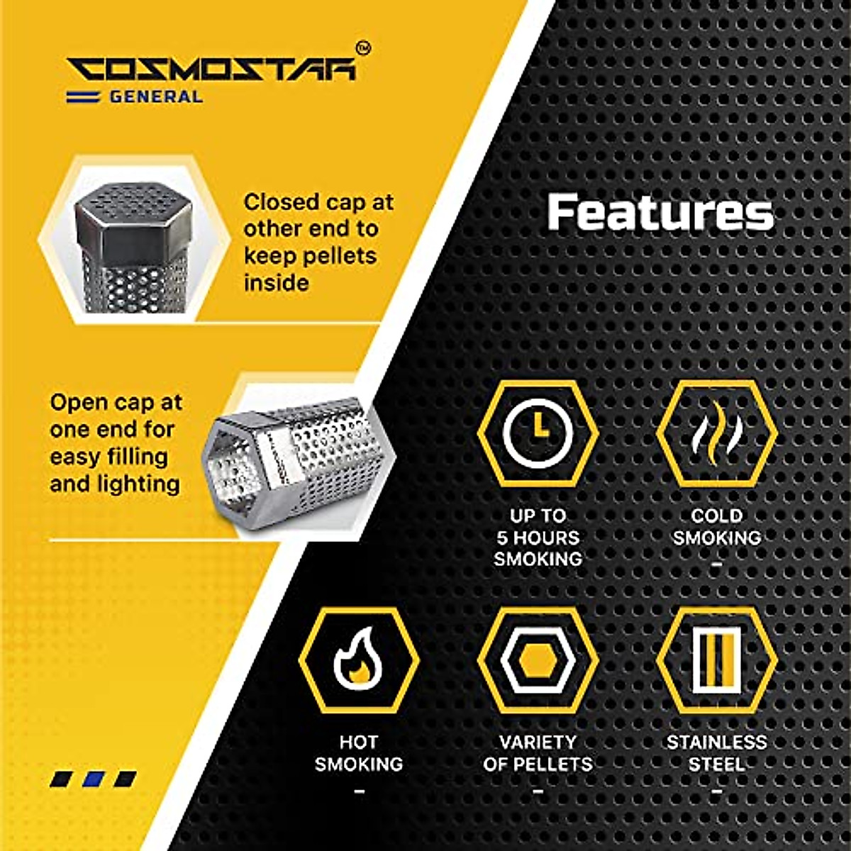 Cosmostar Hexagon Pellet Smoker Tube 12 inches Stainless Steel for Any Grill or Smoker, Hot or Cold Smoking,Premium BBQ Smoker Generator Tube-5 Hours of Billowing Smoke.