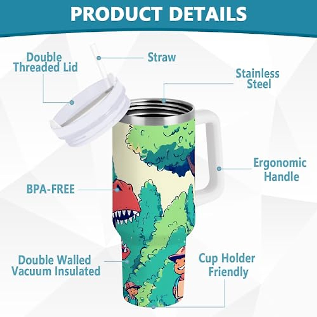 Nexawaveo Dinosaur with Boys Tumbler With Handle And Straw 30-40oz Insulated Tumbler Cups With Lid Stainless Steel for Cold Water and Drinks for School Work Sports Car Travel and Weekends