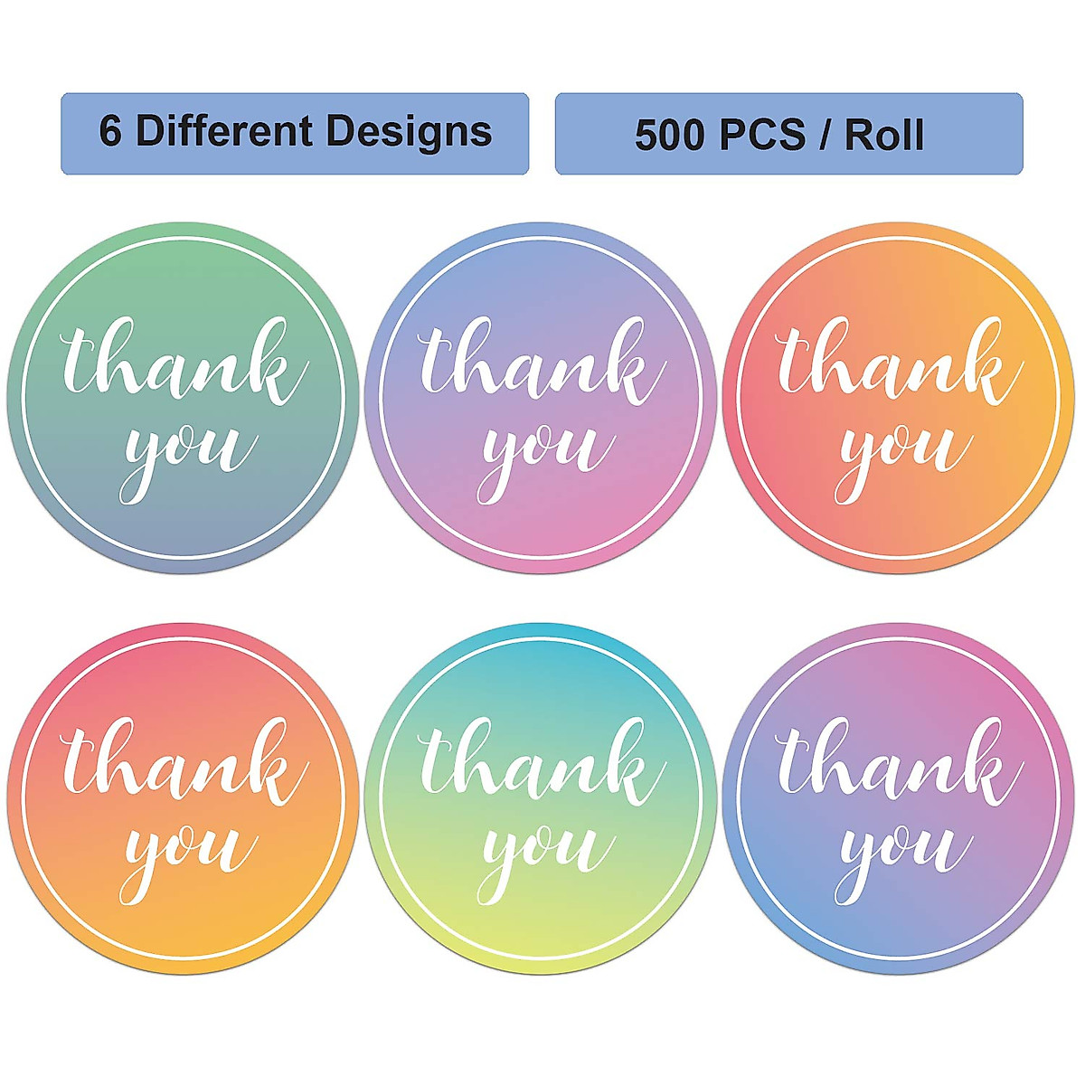 Color Thank You Stickers, 6 Different Gradient Rainbow Fashion Designs, 1.4 Inch, 500 Adhesive Labels Per Roll, Thank You Stickers for Small Business, Thank You Stickers for Wedding, Bridal Shower.
