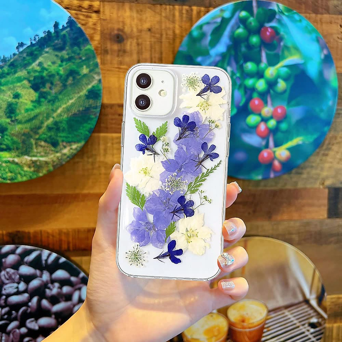 Abbery Designed for iPhone 12 Mini Case Pressed Flower Cute Clear with Design Soft Silicon TPU Rubber Dired Real Flroal Girl Woman Aesthetic Case for iPhone 12 Mini (Navy Flower)