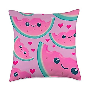 Cute Kawaii Watermelon Faces Aesthetic Fruit Pink Cartoons Throw Pillow, 18x18, Multicolor