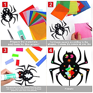 Outus 12 Pieces Halloween Stained Glass Effect Paper Double-Sided Black Suncatcher Kit Pumpkin Suncatchers Craft with 30 Pieces Colored Paper for Window Classroom Art Craft Party Favors, 6 Styles