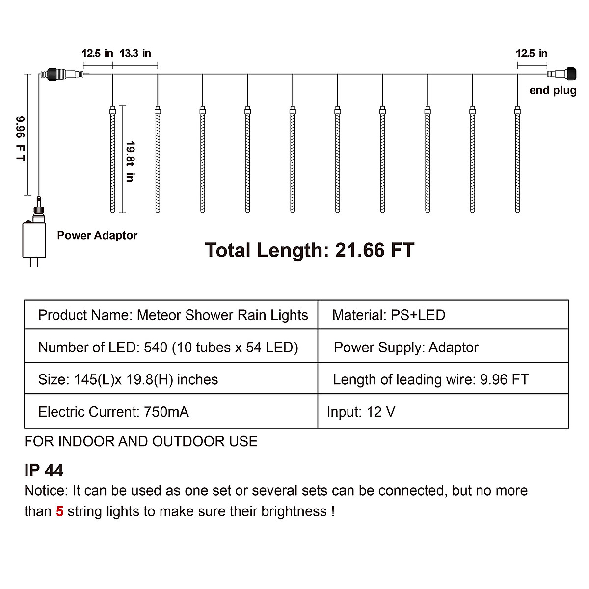 Joiedomi Christmas Meteor Shower Lights Falling Rain Drop Icicle String Lights 540 LEDs 10 Tube 50cm Warm White for Christmas Holiday Party Home Patio Outdoor Decoration