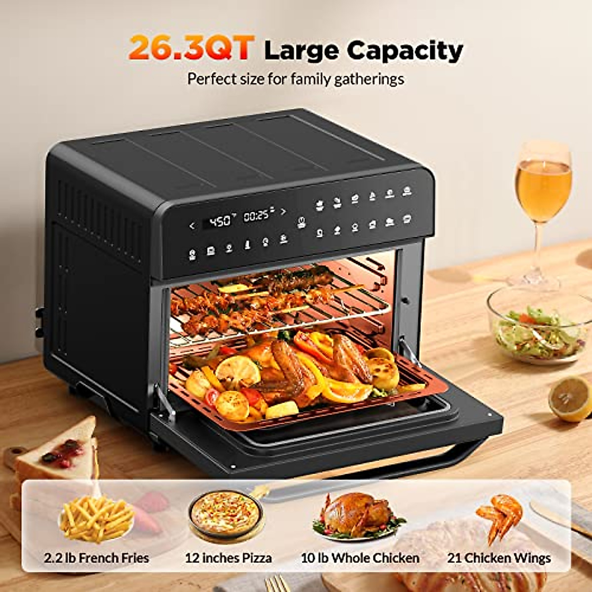 26.3QT/25L Extra-Large Air Fryer Toaster Oven, Convection Oven Countertop, Bake & Broil, 12-in-1 Air Fryer Convection Toaster Oven Combo, Digital Control Multifunction Pizza Oven, Black Nonstick Stainless Steel