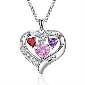 Personalized Mothers Pendant Necklace with 3 Heart Simulated Birthstone 3 Names Engraved Family Promise Necklace for Female Women (3 Stones)