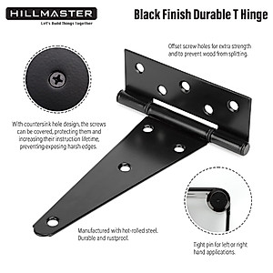 HILLMASTER 10 Inch T-Strap Heavy Duty Shed Door Hinges Gate Strap Hinges Black Tee Hinge Wrought Hardware for Wooden Fences,Yard,Barn Door,Rustproof (6 Pack)