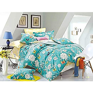 Tache Floral Colorful Aqua Blue Duvet Cover - Butterfly Wonderland - Luxurious Cotton Reversible Duvet Cover with Zipper Closure and Security Ties/Ribbons - 3 Piece Set - King