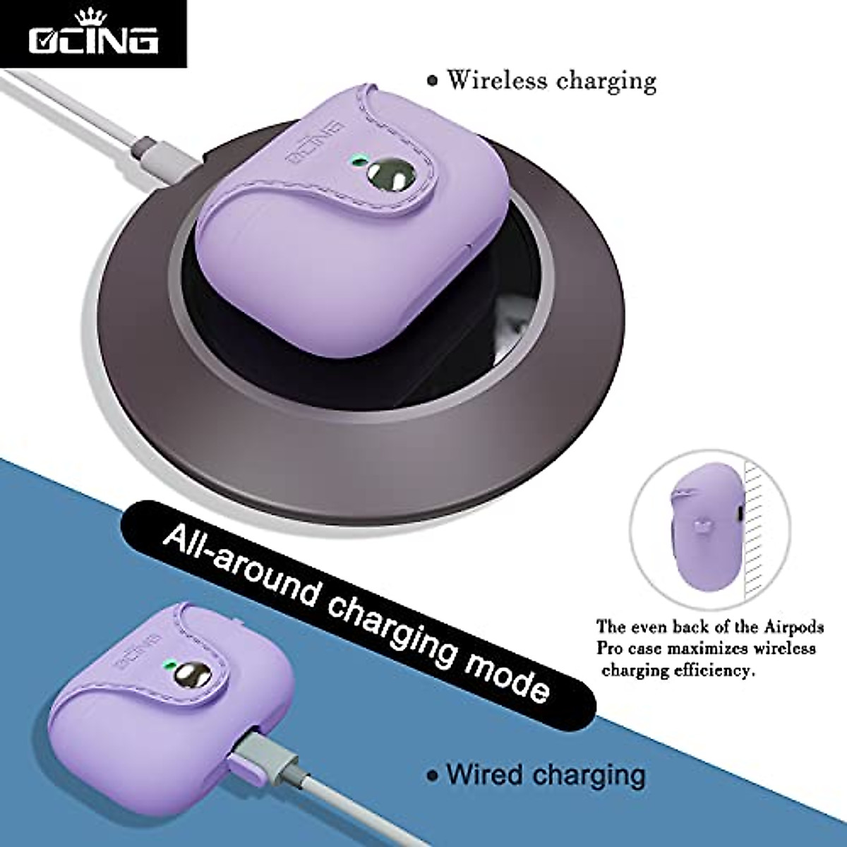 OCING 5 in One New Airpods Pro Case Cover with Snap Lock Safer Secured,360° Protective Silicone Case for Girl Women Kids, Supports Wireless Charging[Front LED Visible] (Purple)