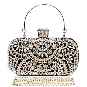 FIVE FLOWER Evening Clutch Bags Purse Handbag for Women Wedding Prom Party (BLACK), Medium