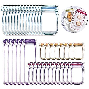 40 Pcs Mason Jar Zipper Bags Resuable Snack Bags Portable Food Storage Snack Zipper Bags Zipper Sealed Bags for Kitchen Travel Camping Picnic Organizer (8S 12M 14L 6T)
