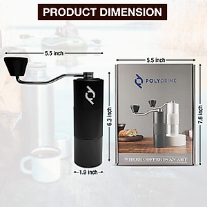 Polydrink Manual Coffee Grinder (Black) - Stainless Steel Conical Burr with Internal Adjustable Settings - Portable, Good for Home Office Traveling Hiking or Camping - Espresso to French Press