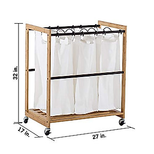 TRINITY 3-Bag Bamboo Laundry Cart, Laundry-Room Organization and Dirty Clothes Hamper with Wheels for Bedroom, Closet, Dorm Room and More, Bronze Poles