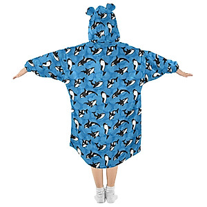 JHKKU Hoodie Blankets Sweatshirt Orca Killer Whale for Kids Warm Wearable Blanket with Pocket, Soft Comfortable Flannel Hoodie Blankets, Gifts for Girls Boys 3-14YR L