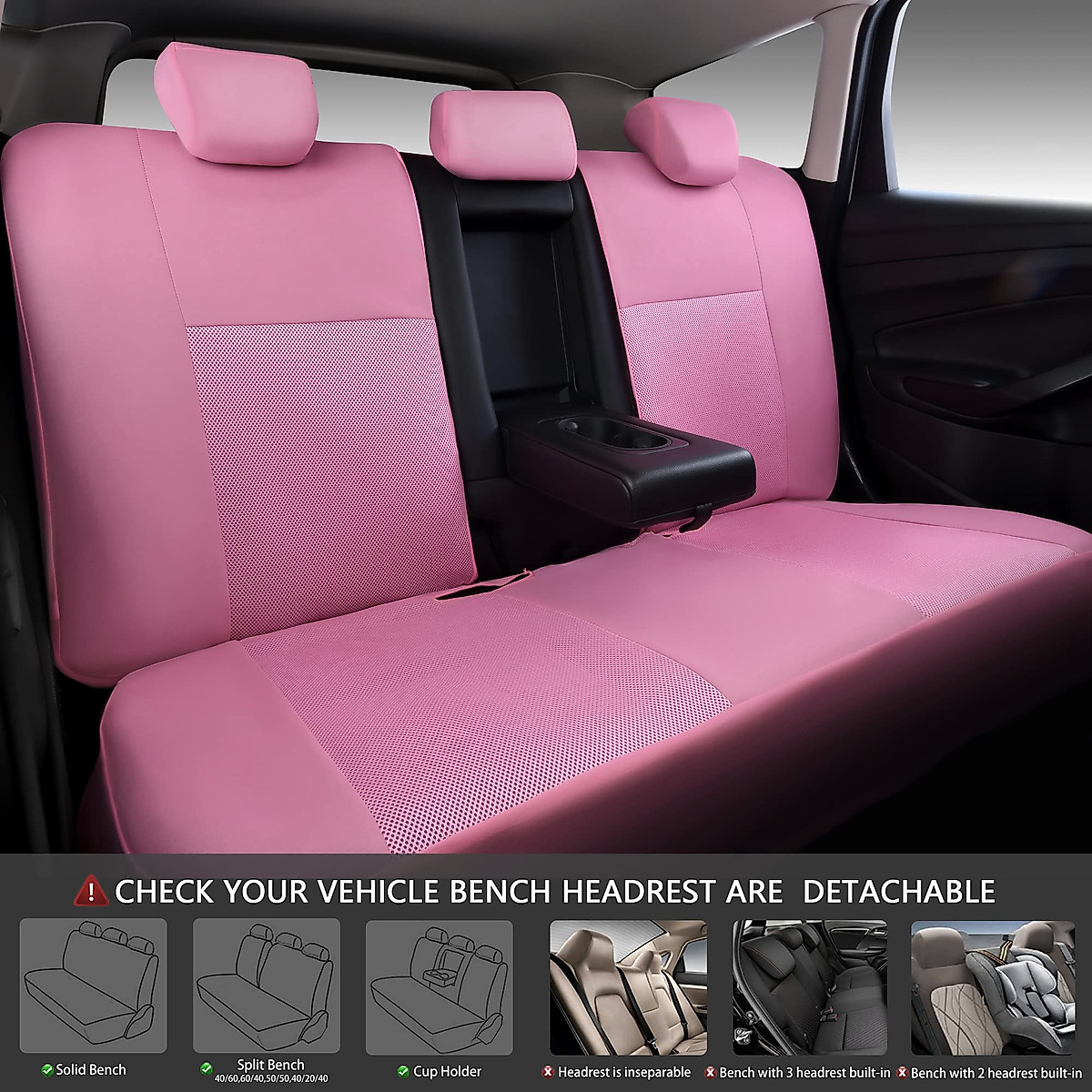 CAR PASS Pink Car Seat Cover Full Sets, Air Breath in Summer Mesh Seat Cover 5mm Sponge Airbag Composite, Cute for Women Girly, Universal Fit SUV, Vans, sedans,Trucks, Automotive Interior All Pink