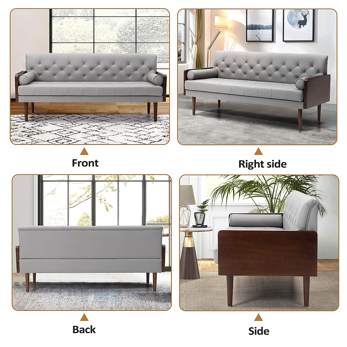 PATIOHIT Faux Leather Couch Modern 72" Sofa Couch with 2 Bolster Pillows Mid Century Modern Upholstered Loveseat Sofa Couch for Living Room Apartment Office (Grey)