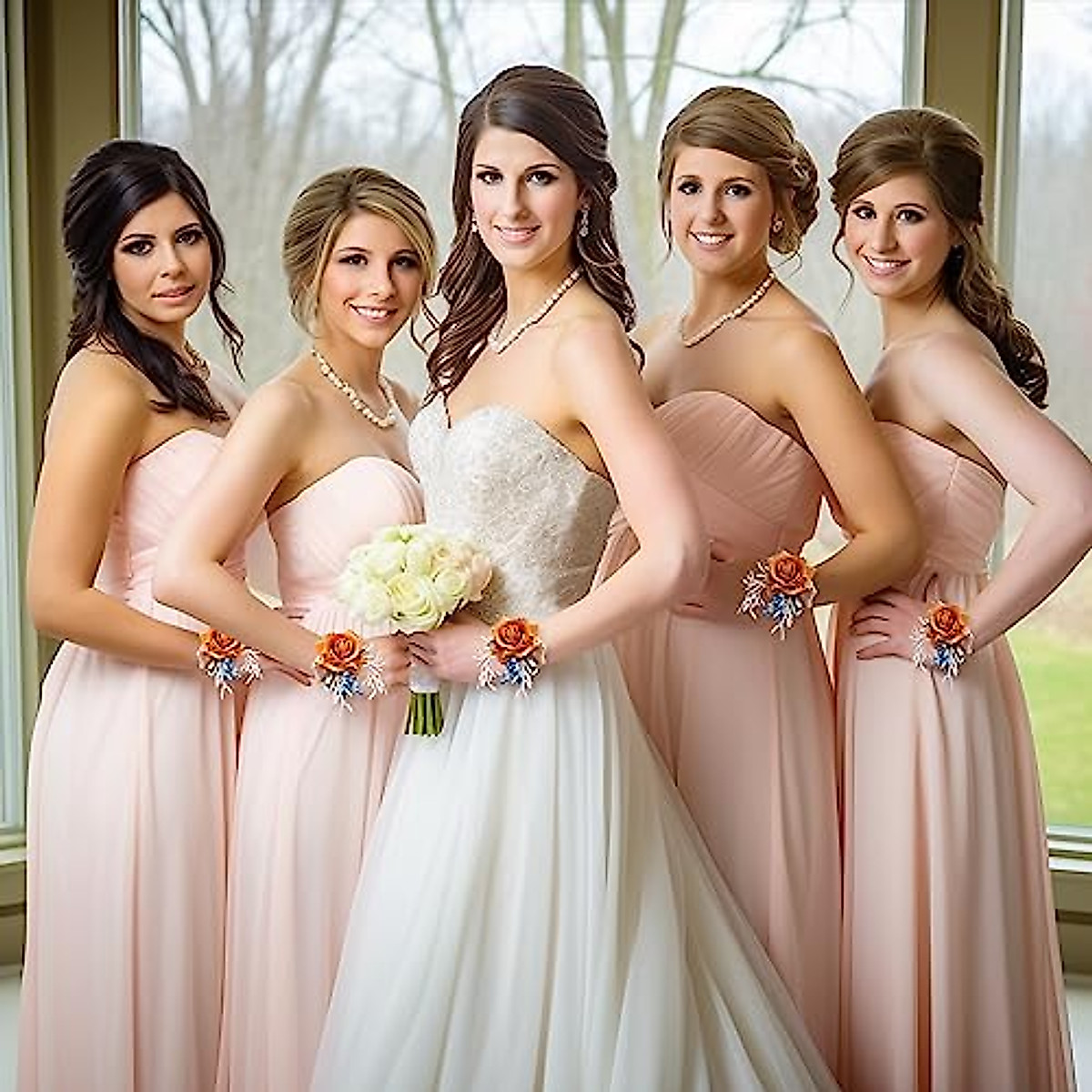 AJOYEGG Wrist Corsage Wristlet Band Bracelet: Set of 6 Corsage Flower for Women Bride Bridesmaid Wedding Prom(Burnt Orange)
