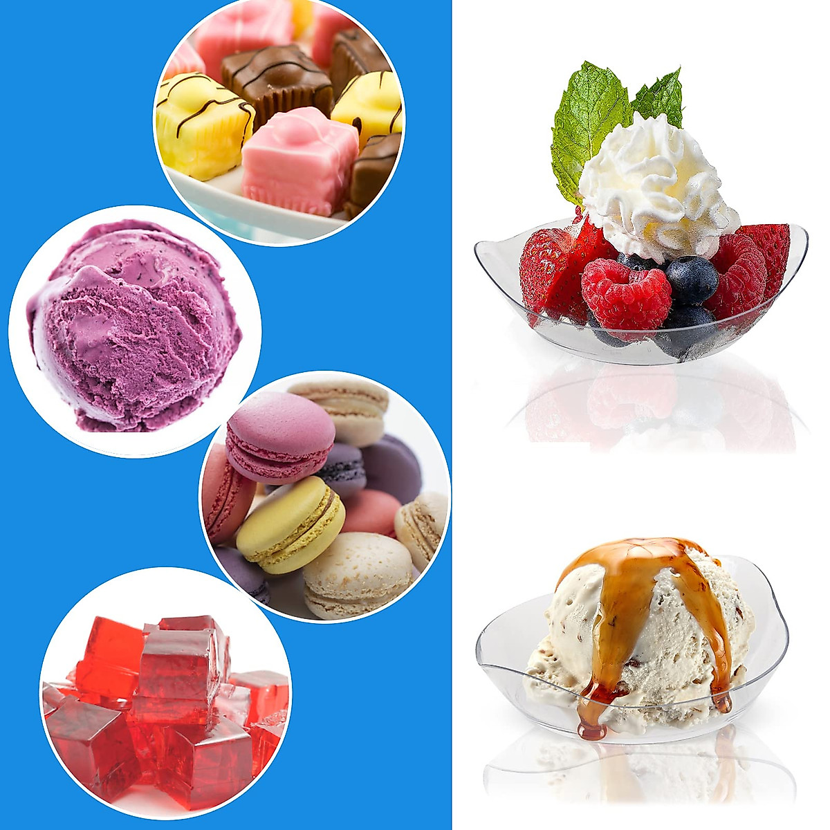 100 Pcs Dessert Plates, Mini Clear Disposable Dessert Bowls, Oval Plastic Ice Cream Cups Appetizer Tray, Sauce Dish/Bowls, Tomato Sauce, Salad Dressing for BBQ, Home, Party, Picnic, Wedding Gatherings