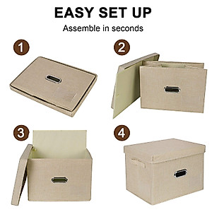 Foldable Storage Boxes with Lids Linen Fabric Collapsible Clothing Bin Organizer Baskets Containers with Carry Handles Transparent Slot Design for Home Bedroom Office Kids Room (Khaki, 3 Pack)