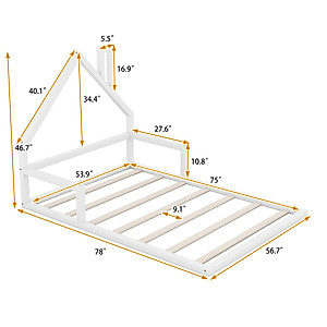 Floor Bed for Kids, Full Size Montessori Bed with House Shape Headboard and Railings, Wood House Bed with Slats for Boys Girls, Low to Ground Height, No Box Spring Needed, White