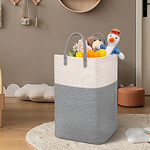 CHICSTASH Cotton Rope Laundry Hamper with Handles,76L Large Laundry Basket Blanket Basket for Living Room Durable Dirty Clothes Basket for Bedroom, Dorm, Towels, Toys(16x13x22in Grey & White)