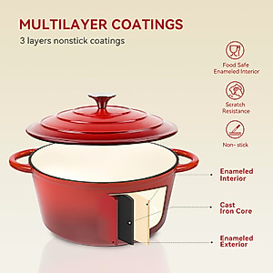 Gacuray 4.5Qt Enameled Cast Iron Dutch Oven Pot with Lidnd Dual Handles Heavy Duty Non-Stick Red