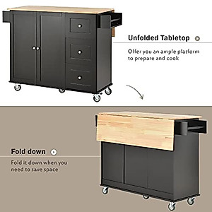 Ayvbir Kitchen Island On Wheels with Drop Leaf Black Rolling Kitchen Cart with Storage Cabinet Mobile Island Table w/ 2 Doors, 4 Drawers, Spice Rack & Towel Rack for Breakfast, Dining