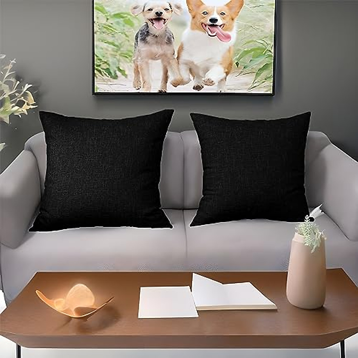 FULDGAENR Slub Linen Pillow Covers 12x12 Set of 2 for Couch Sofa, Black Rustic Woven Texture Farmhouse Decorative Throw Pillow Covers Sham Square 12 x 12 Inch Cushion Covers for Patio Home Decor