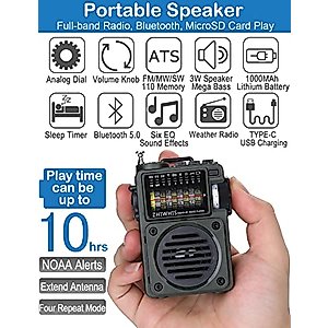 ZHIWHIS Shortwave Radio, Bluetooth Speakers with Sleep Timer, Weather AM FM SW Radios with NOAA Alerts, Retro Analog Tuner with Preset, Rechargeable MP3 Player with 6 EQ Support MicroSD Card ZWS-700