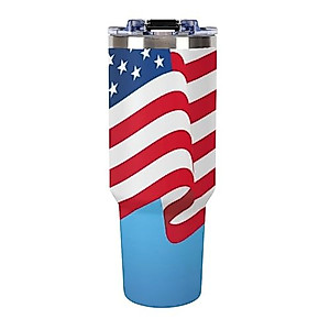Water Bottle with Lid And Straw, Large Capacity Red Blue White American Flag 40 oz Travel Stainless Steel Cups, Handle Insulated Tumblers for Men, Women
