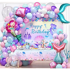Winrayk Little Mermaid Birthday Party Decorations for Girls Pink Mermaid Balloon Arch Garland Backdrop Tablecloth Mermaid Tail Shell Star Bobo Balloon Princess Ariel Mermaid Party Decorations Supplies