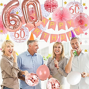 60th Birthday Decorations, 60th Birthday Decorations for Women, Happy Birthday Banner 60th Paper Lanterns Number 60 Foil Balloon Party Paper Fan Rose Gold Latex Balloons for 60th Anniversary