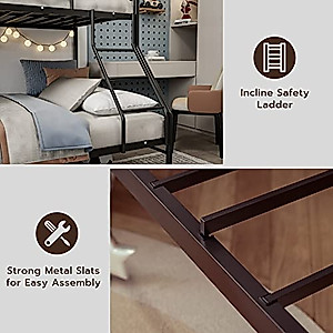 IKIFLY Metal Twin Over Full Bunk Bed, Heavy Duty Bunk Bed Frame with Safety Guard Rail & Ladder, Space-Saving Design/Noise Free/for Kids, Teens & Adults/No Box Spring Needed - Black