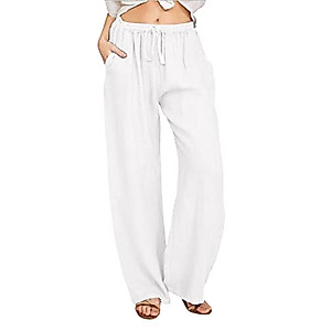 CHARTOU Women's Summer Drawstring Waist Wide Leg Loose Cotton Linen Palazzo Pants (Medium, White)