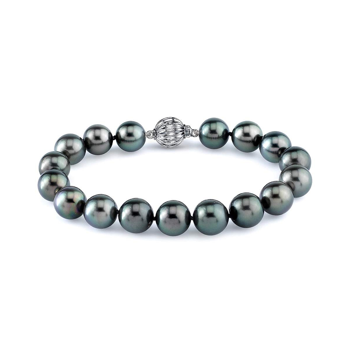 The Pearl Source 14K Gold 10-11mm Round Genuine Black Tahitian South Sea Cultured Pearl Bracelet for Women