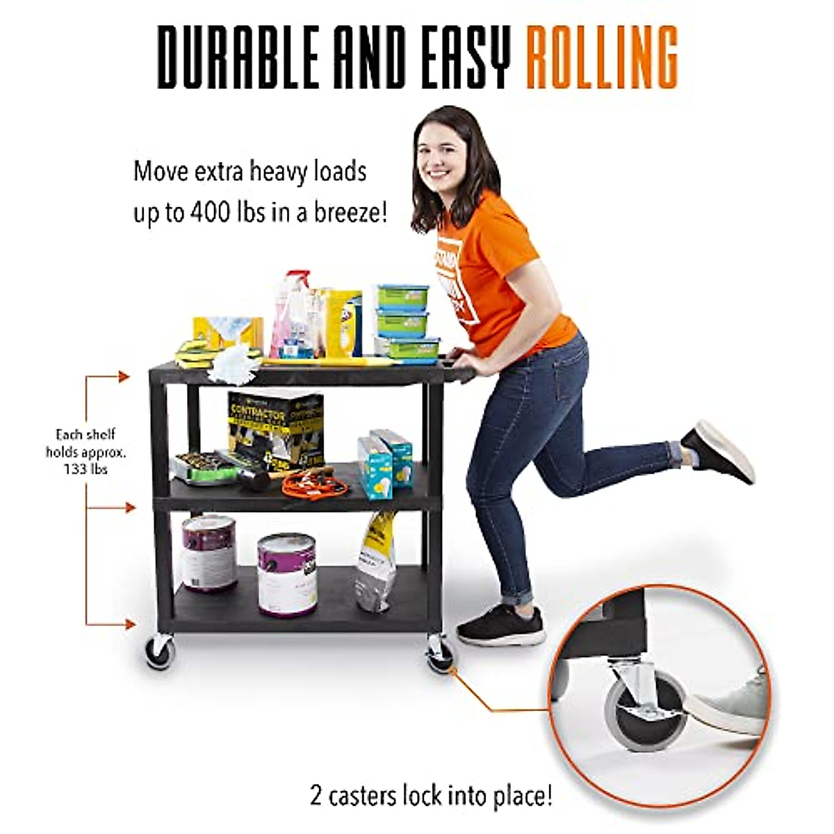 Stand Steady Flat Top Utility Cart by Tubstr | Heavy Duty Service Cart Supports 400 lbs. | Three Shelf Multipurpose Cart Perfect for Home, Garage, Catering, Warehouse & More! (Black / 35 x 18)