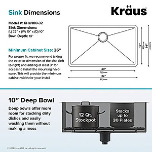 KRAUS Standart PRO™ 32-inch 16 Gauge Undermount Single Bowl Stainless Steel Kitchen Sink with WasteGuard™ Continuous Feed Garbage Disposal, KHU100-32-100-75MB
