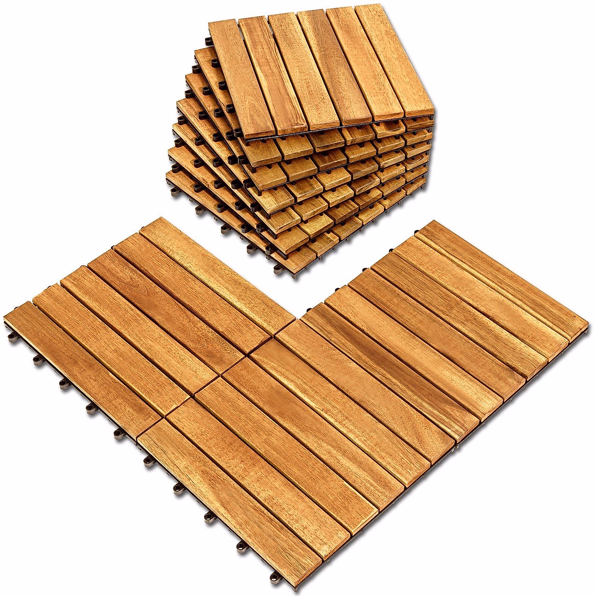 Interlocking Patio Deck Tile (Pack of 10, 12"x12") Acacia Hardwood Deck Tile in Solid Acacia Wooden Oiled Finish Waterproof All Weather Perfect for Indoor Outdoor(Golden Teak Color)…