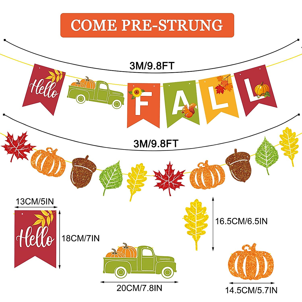 CAVLA Hello Fall Banner and Glittery Maple Leaves Pumpkin Acorns Patterns Banner Autumn Harvest Bunting Banner with Pumpkin Truck Signs Fall Thanksgiving Party Banner for Wall Mantel Fireplace Party