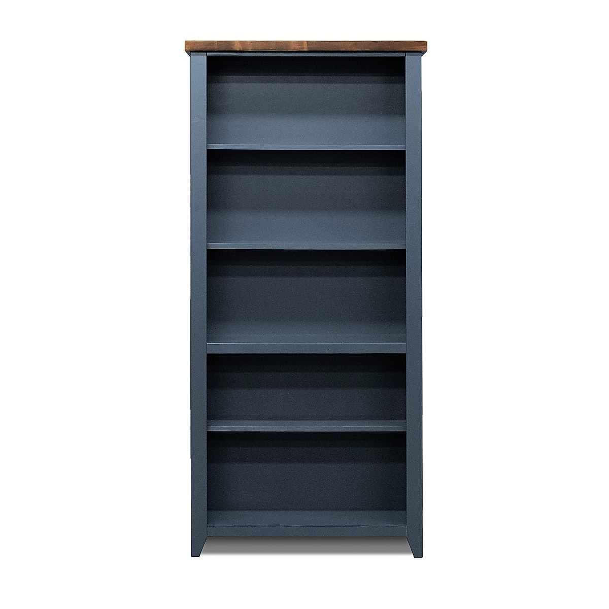 Bridgevine Home Nantucket Modern Farmhouse Bookshelf, 5-Shelf Bookcase, 72 Inch High Bookshelf, Fully Assembled, Poplar Solid Wood Bookshelf, Blue Denim and Whiskey Finish