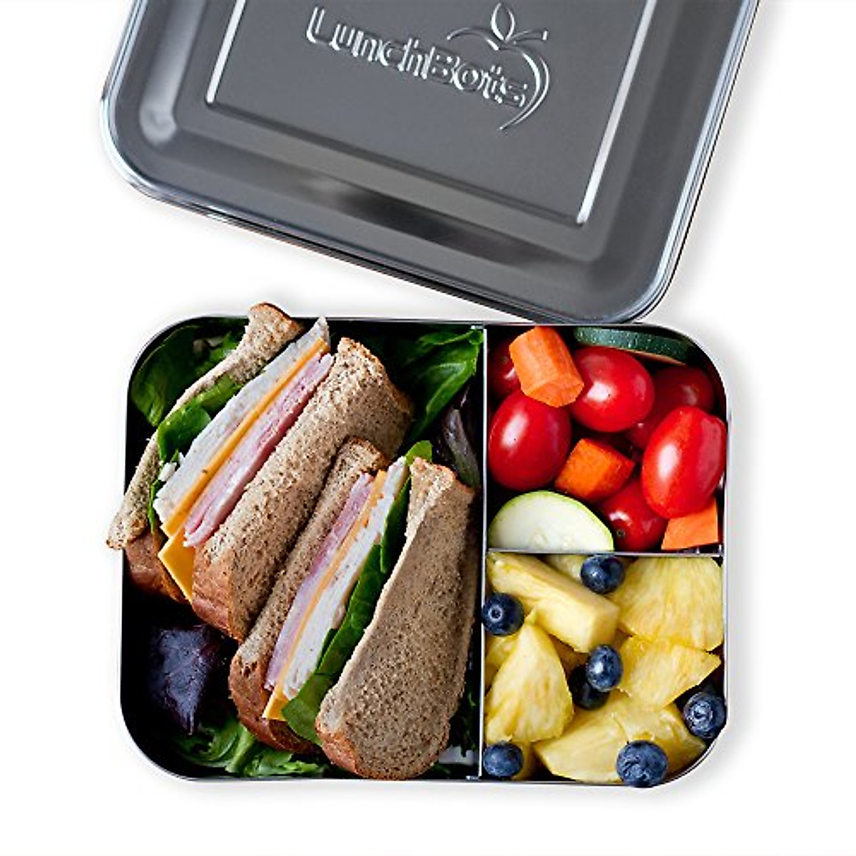 LunchBots Large Trio Stainless Steel Lunch Container -Three Section Design for Sandwich and Two Sides - Metal Bento Lunch Box - Eco-Friendly - Stainless Lid - Pink Dots