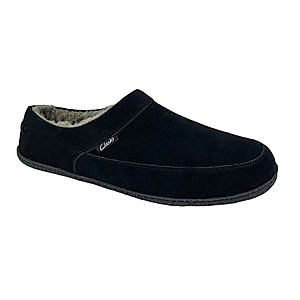 Clarks Mens Slipper Perforated Suede Leather Upper JMS0721 - Warm Plush Sherpa Lining - Indoor Outdoor House Slippers For Men (10 M US, Black)