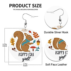 Swono Smiling Squirrel Round Faux Leather Earrings for Women Bright Falling Leaves Acorn Mushroom Pine Cones Autumn Lightweight Double-Side Printed Drop Dangle Earring for Birthday Party Gift