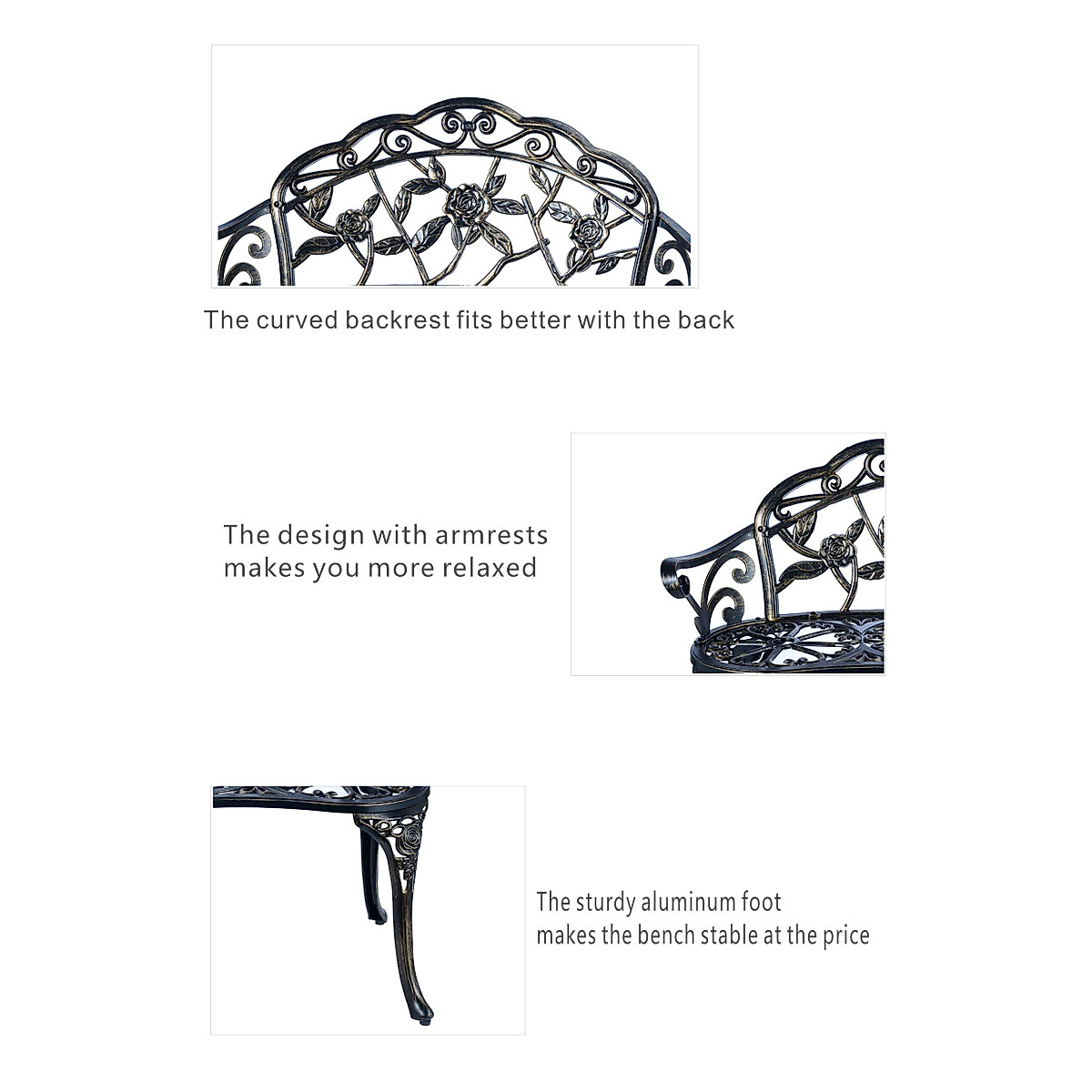 C/G Patio Balcony Bench Double Seat, Anti-Rust Cast Aluminum Patio Garden Bench for Park Yard Outdoor Furniture Copper