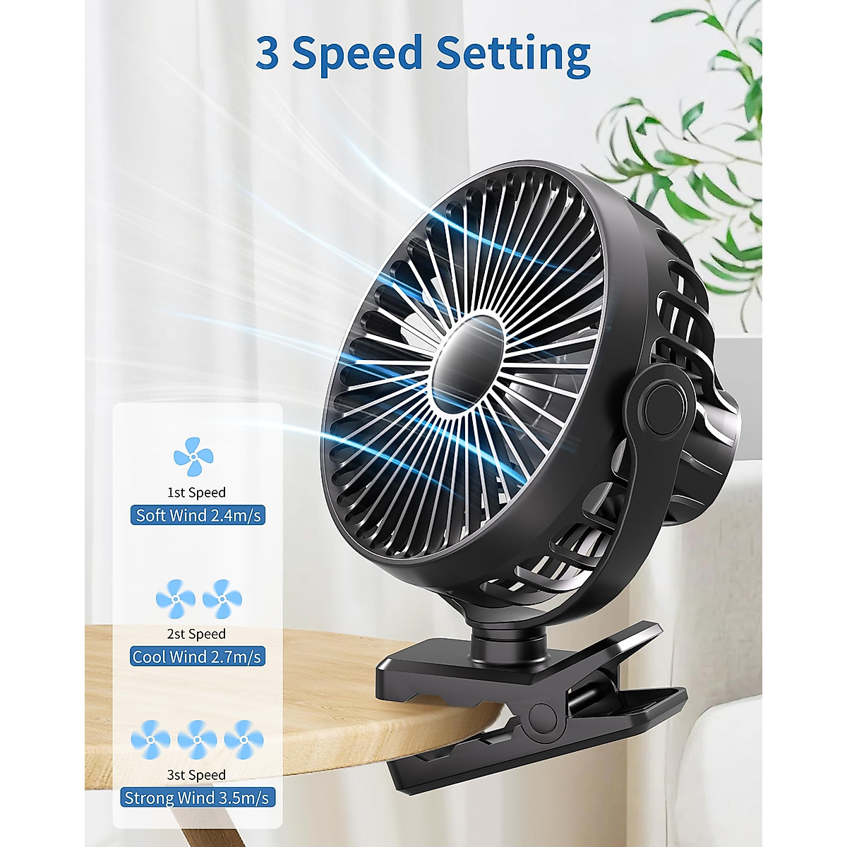 Portable Clip on Fan, Small Powerful Wind Cooling Desk Fan, 3 Speed Quiet Personal Fan with Clip, 360° Rotatable Battery Operated Rechargeable Mini Table Fan for Home Office Stroller Travel Camping